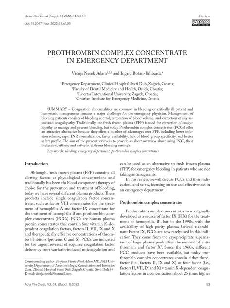 Pdf Prothrombin Complex Concentrate In Emergency Department