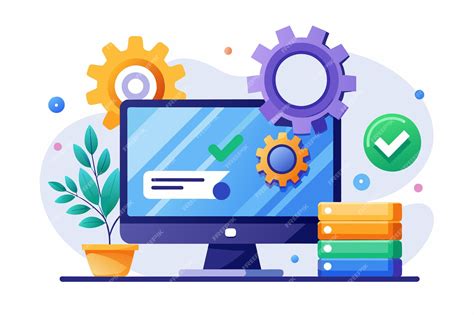 Premium Vector A Colorful Illustration Depicting A Computer With Gears And Checkmarks
