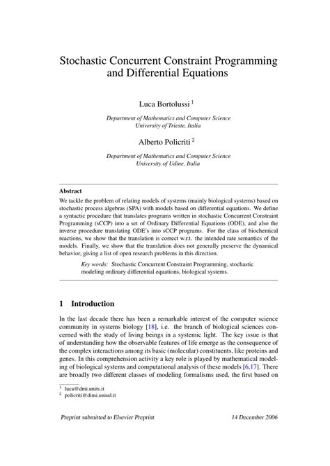 Pdf Stochastic Concurrent Constraint Programming And Differential Equations