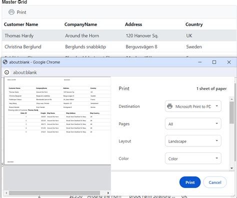 Print In Syncfusion ASP NET MVC Grid Component