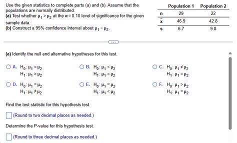 solved use the given statistics to complete parts a and