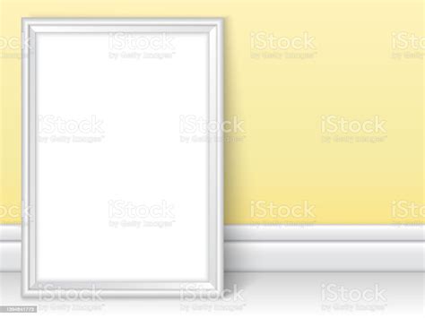 노란색 벽 근처의 사진 프레임 템플릿 사실적인 모형 벡터 그림 그림 또는 사진에 적합한 프레임의 귀여운 색상 어린이 방 또는 학교 테마 디자인을위한 흰색 그림 템플릿 0명에