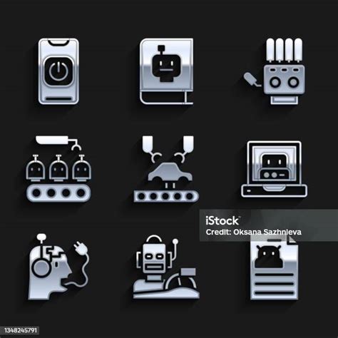 공장에 로봇 로봇 팔을 설정 휴머노이드 운전 자동차 기술 사양 만들기 충전 배터리 로봇의 산업 생산 기계 손및 전화 아이콘에서
