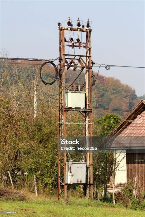 조밀 한 나무로 둘러싸인 전기 철사로 연결 되는 세라믹 절연체를 가진 녹슨 옥외 회색 금속 전기 고전압 상자 0명에 대한 스톡 사진 및 기타 이미지 Istock