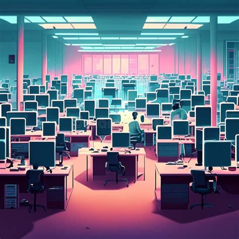 Computer Room With Rows Of Computer Desks 3d Render Illustration Stock Illustration