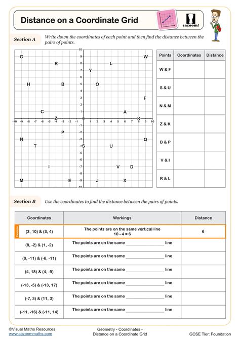 distance on a coordinate grid worksheet printable pdf year 7 and year