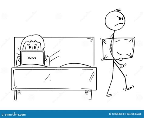 Cartoon Of Couple Man Was Rejected By Woman And Is Leaving Bed With Pillow Stock Vector