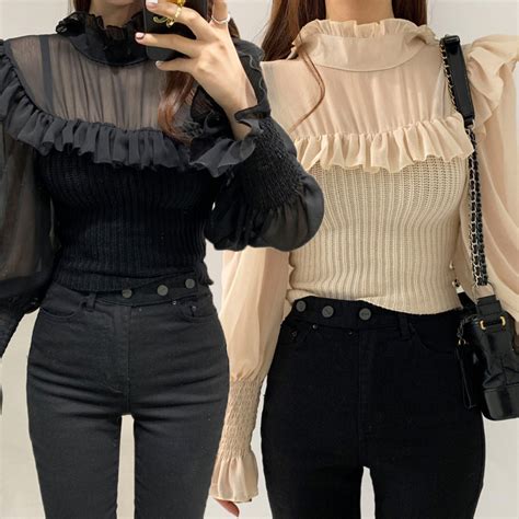 레이스 시스루 러블리 블라우스 쉬폰 정장 퍼프소매