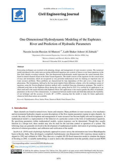 Pdf One Dimensional Hydrodynamic Modeling Of The Euphrates River And