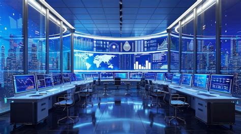 A futuristic control room with multiple screens displaying data and charts overlooking a city ...