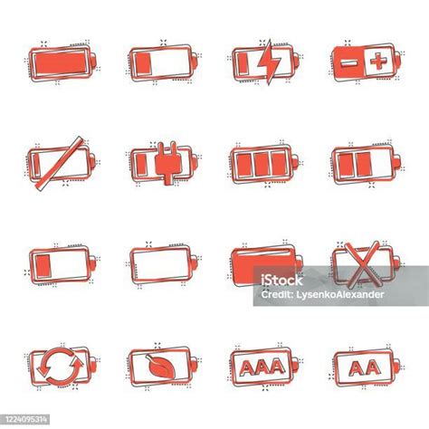만화 스타일로 설정 된 배터리 충전 아이콘입니다 흰색 고립 된 배경에 파워 레벨 만화 벡터 일러스트 리튬 축하 스플래시 효과 비즈니스 개념입니다 Alcoholics