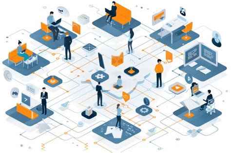 Isometric Illustration Of A Modern Workplace Interconnected With Digital Networks And Data Flow