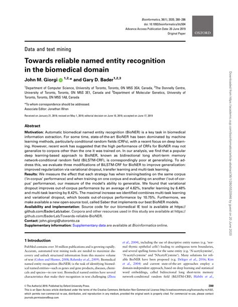 PDF Towards Reliable Named Entity Recognition In The Biomedical Domain