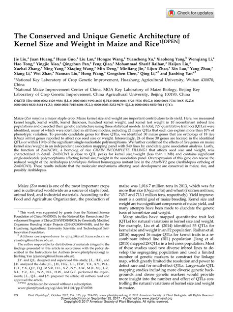 PDF The Conserved And Unique Genetic Architecture Of Kernel Size And Weight In Maize And Rice