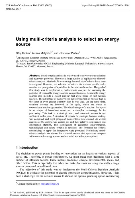 Pdf Using Multi Criteria Analysis To Select An Energy Source