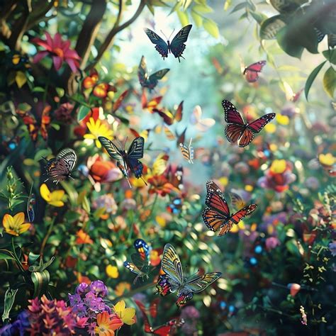 Premium Photo A Flower Garden With Butterflies And Flowers And