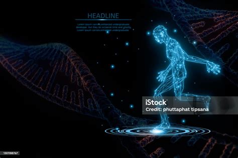 미래 지향적 인 와이어 프레임 인체 활성 및 Dna 3d 렌더링 일러스트 모델 다각형 도트 및 라인 개념 의료 및 기술 가상 스캔 해부학 몸 인공 지능 또는 Ai 딥 러닝
