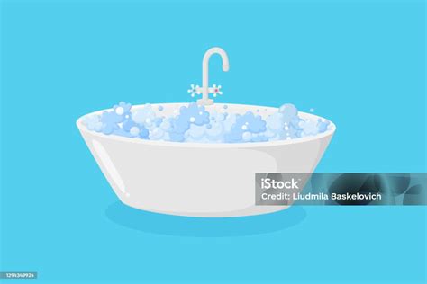 비눗물로 욕조와 수도꼭지 파란색 배경에 고립 된 비누 거품이있는 탭이있는 고급 타원 욕조 벡터 일러스트레이션 0명에 대한 스톡