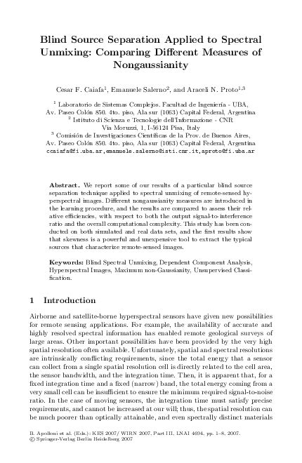 Pdf Blind Source Separation Applied To Spectral Unmixing Comparing Different Measures Of