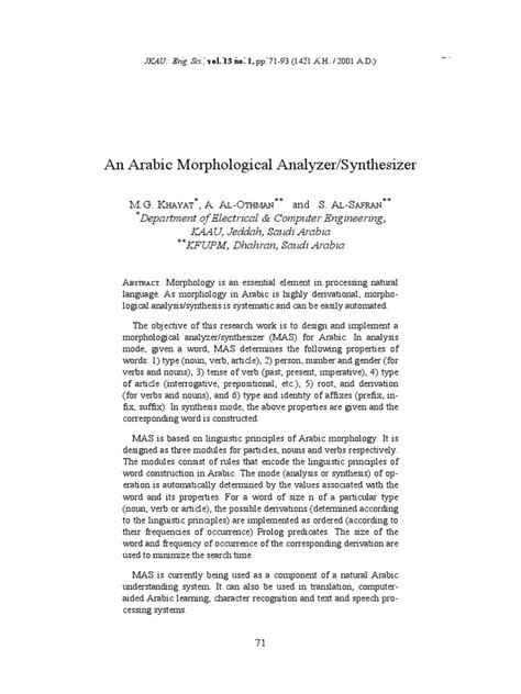 An Arabic Morphological Analyzersynthesizer Mg K A A O And S A S Pdf Morphology