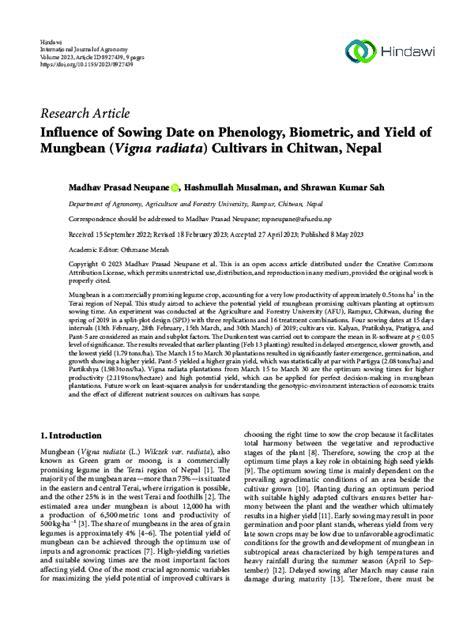 Pdf Influence Of Sowing Date On Phenology Biometric And Yield Of Mungbean Vigna Radiata