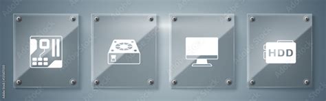 Set Hard Disk Drive HDD Computer Monitor Screen Cooler And Motherboard Digital Chip Square