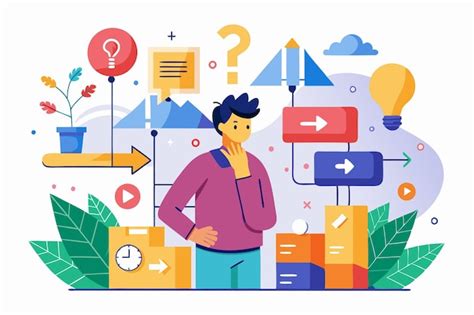 a thoughtful person stands amidst symbols and graphics representing