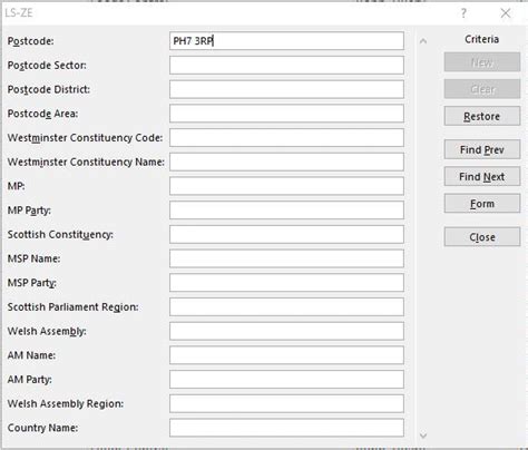 Using The Excel Data Form To View Postcode Records Map Logic