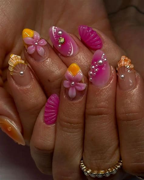 Handmade Pink Shell 3d Flower Pearl Summer Beach Press On Nails R50