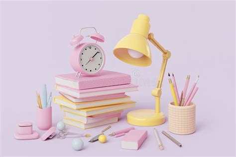 Stationery Collection Featuring Books A Lamp An Alarm Clock And