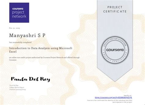 Completed A Microsoft Excel Course Through Coursera Manyashri Sp