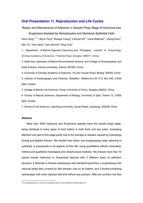 Pdf Repair And Maintenance Of Adhesion In Sessile Polyp Stage Of Hydrozoa And Scyphozoa