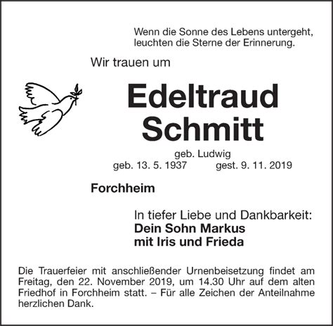 Traueranzeigen Von Edeltraud Schmitt Trauernnde