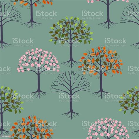 네 계절 나무와 벡터 원활한 패턴 녹색 배경에 봄 여름 가을 겨울의 그래픽 그리기 직물 의류 패션 디자인을위한 요소 섬유 인쇄 벽지 포장 0명에 대한 스톡 벡터 아트 및