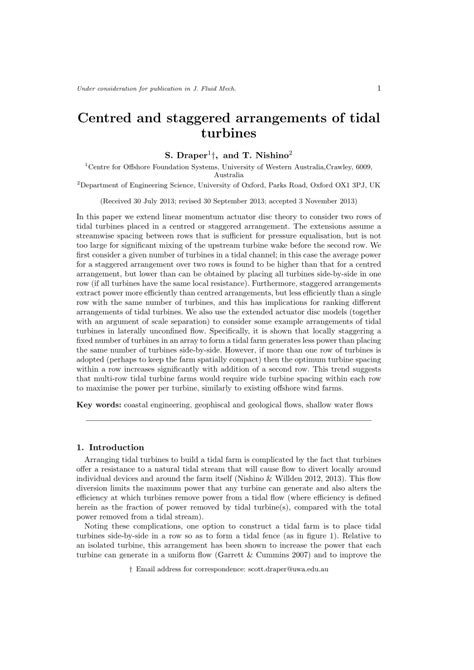 Pdf Centred And Staggered Arrangements Of Tidal Turbines