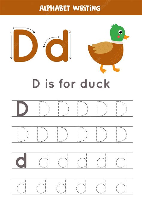 알파벳 추적 워크 시트 Az 쓰기 페이지 만화 농장 오리 일러스트와 함께 문자 D 대문자 및 소문자 추적 아이들을위한 필기 연습 인쇄 가능한 워크 시트 프리미엄 벡터