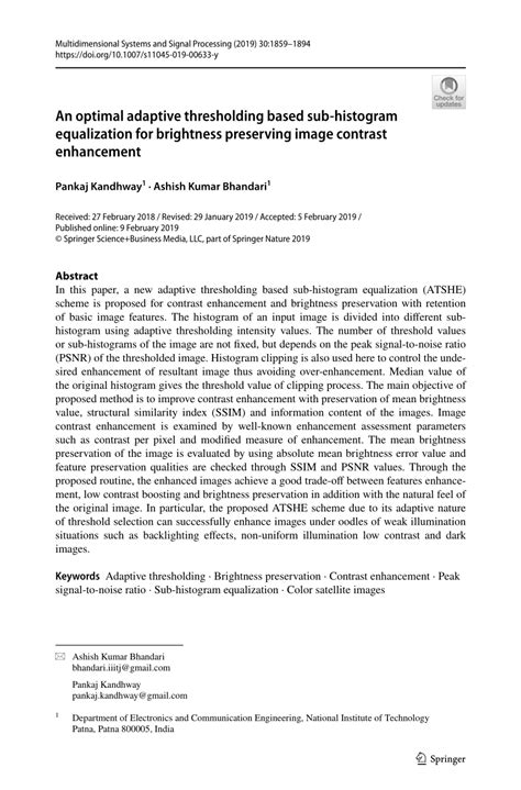 Pdf An Optimal Adaptive Thresholding Based Sub Histogram Equalization For Brightness