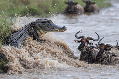 Crocodile Leaping From Water To Attack Wildebeest Premium Ai Generated Image