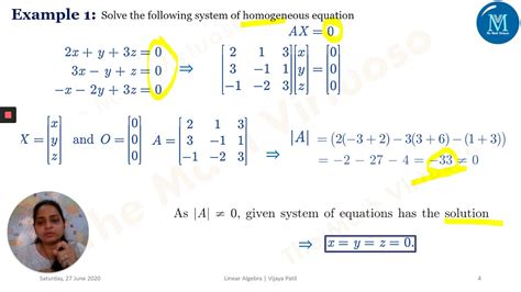 Matrices Linear Algebra Solution Of Homogeneous Linear Equations And Cramers Rule Youtube