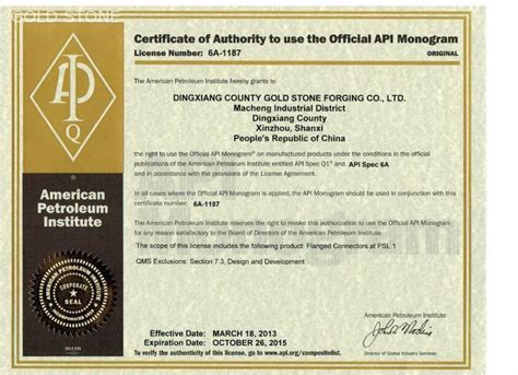 Api Certificates Jinzhengda