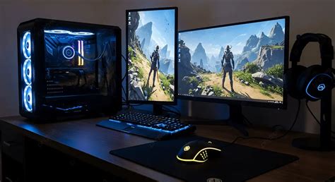 Modern Gamer Desktop Setup With Rgb Lighting Two Monitors A Gaming Pc