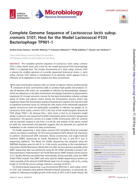 Pdf Complete Genome Sequence Of Lactococcus Lactis Subsp Cremoris 3107 Host For The Model