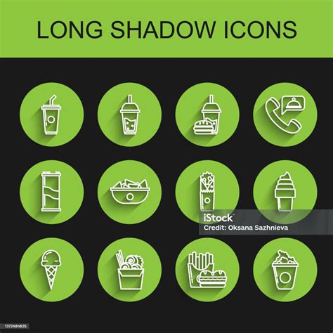 와플 콘에 세트 라인 아이스크림 마시는 빨대 물을 종이 유리 버거 감자 튀김 판지 패키지 팝콘 골판지 나초 접시 도너 케밥 아이콘 벡터 0명에 대한 스톡 벡터 아트 및 기타