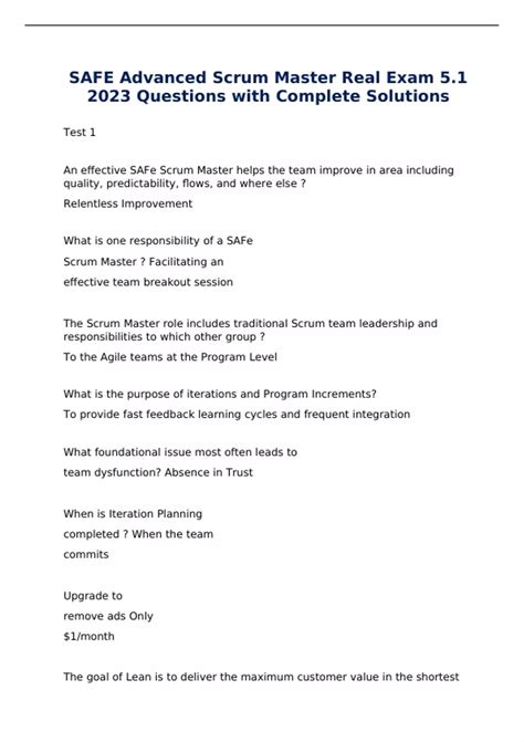 Safe Advanced Scrum Master Real Exam 5 1 2023 Questions With Complete Solutions Sasm Safe