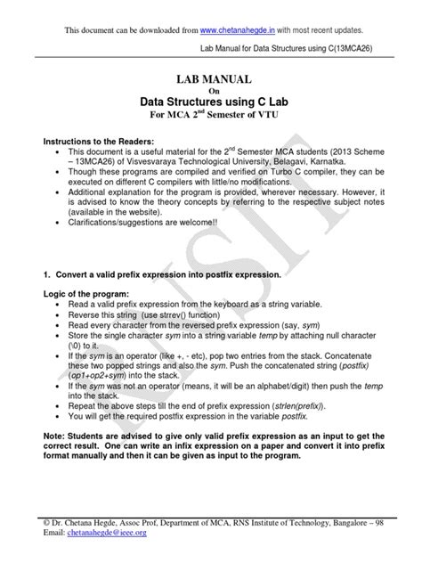 Lab Manual Data Structures Using C Lab For Mca 2 Semester Of Vtu Pdf