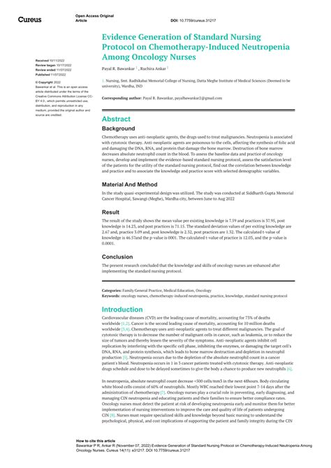 Pdf Evidence Generation Of Standard Nursing Protocol On Chemotherapy Induced Neutropenia Among
