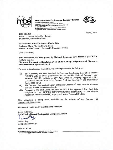 Intimation Of Order Passed By National Company Law Tribunal Nclt Pdf Bankruptcy Security