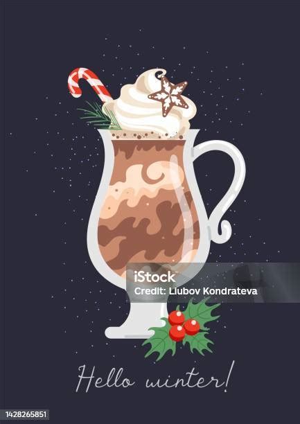 겨울 크리스마스 음료 핫 초콜릿 크리스탈 유리에 휘핑 크림 진저 브레드 눈송이 사탕 지팡이와 홀리 메뉴 카페 엽서 포스터 스티커에 대한 음식 일러스트레이션 12월에 대한
