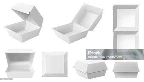 흰색 음식 상자 햄버거 점심 패스트 푸드 햄버거 샌드위치 포장 흰색 배경에 고립 제품 팩 포장 골판지 상자 모형 열린 뚜껑 사실적인 3d 벡터 일러스트 레이 션 3차원