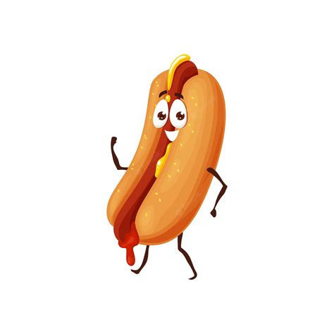 만화 패스트 푸드 핫도그 캐릭터 소시지 프리미엄 벡터